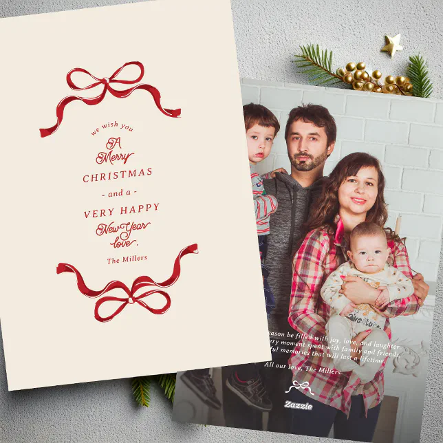 Modern Unique Christmas Bows Cream & Red Photo Holiday Card | Zazzle