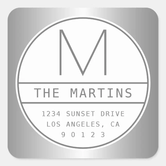 Modern Unique Faux Silver Grey Address & Monogram Square Sticker | Zazzle