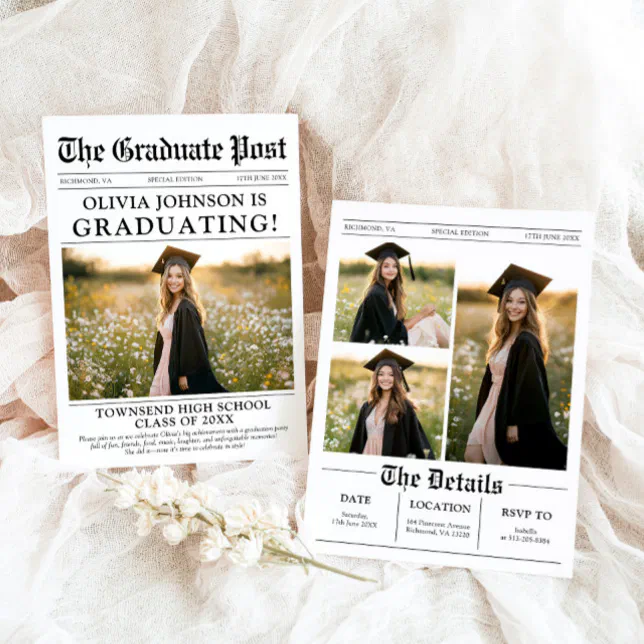 Modern Unique Fun Photo Newspaper Graduation Invitation | Zazzle