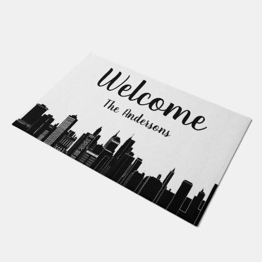 Modern Urban Cityscape Welcome Hand Lettering Doormat | Zazzle