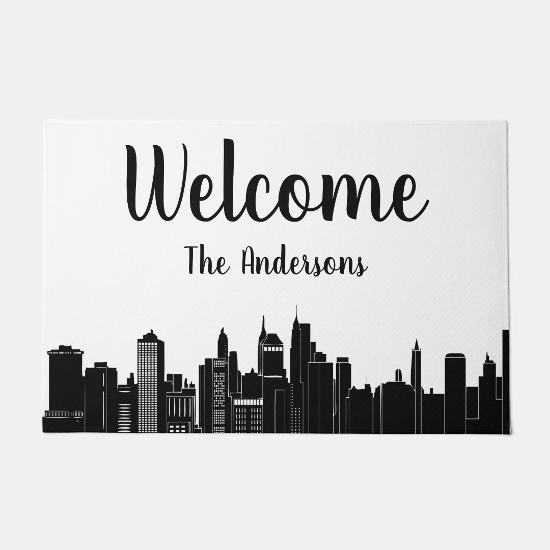 Modern Urban Cityscape Welcome Hand Lettering Doormat | Zazzle