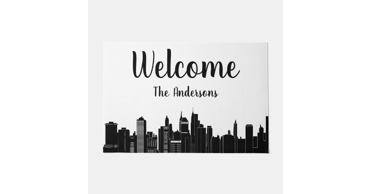 Modern Urban Cityscape Welcome Hand Lettering Doormat | Zazzle