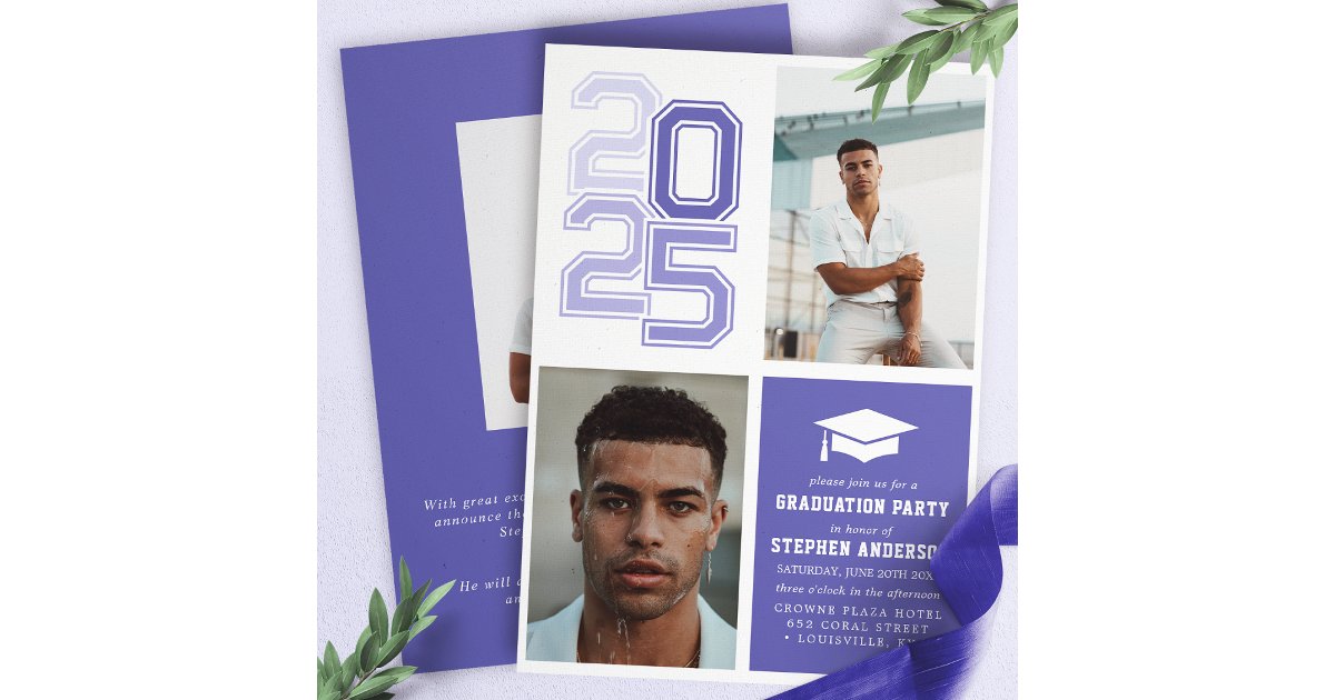Modern Varsity Purple Photo Graduation Party Invitation | Zazzle