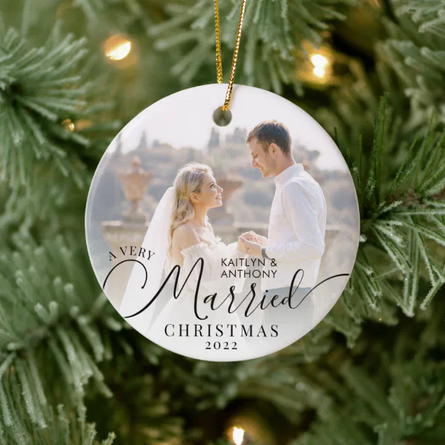 Modern Very Married Christmas 2 Photo Black White Ceramic Ornament | Zazzle
