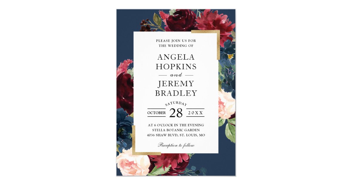 Modern Vintage Burgundy Floral Navy Blue Wedding Invitation | Zazzle.com