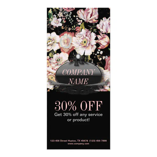 Modern Vintage Elegant bohemian black floral Rack Card | Zazzle