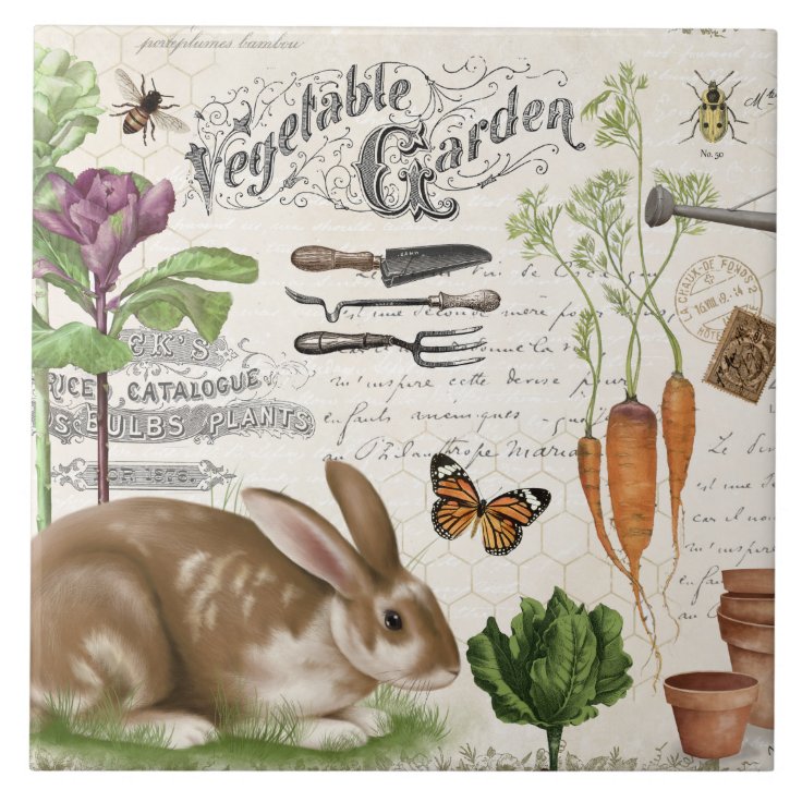 Modern Vintage French Farmhouse Garden Rabbit Ceramic Tile | Zazzle