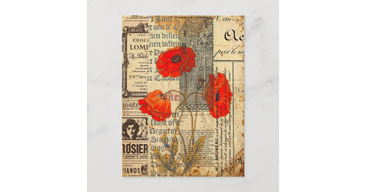 Modern Vintage French Poppy Flowers collage Postcard | Zazzle