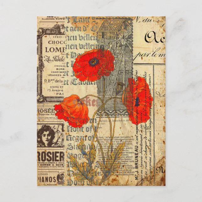 Modern Vintage French Poppy Flowers collage Postcard | Zazzle