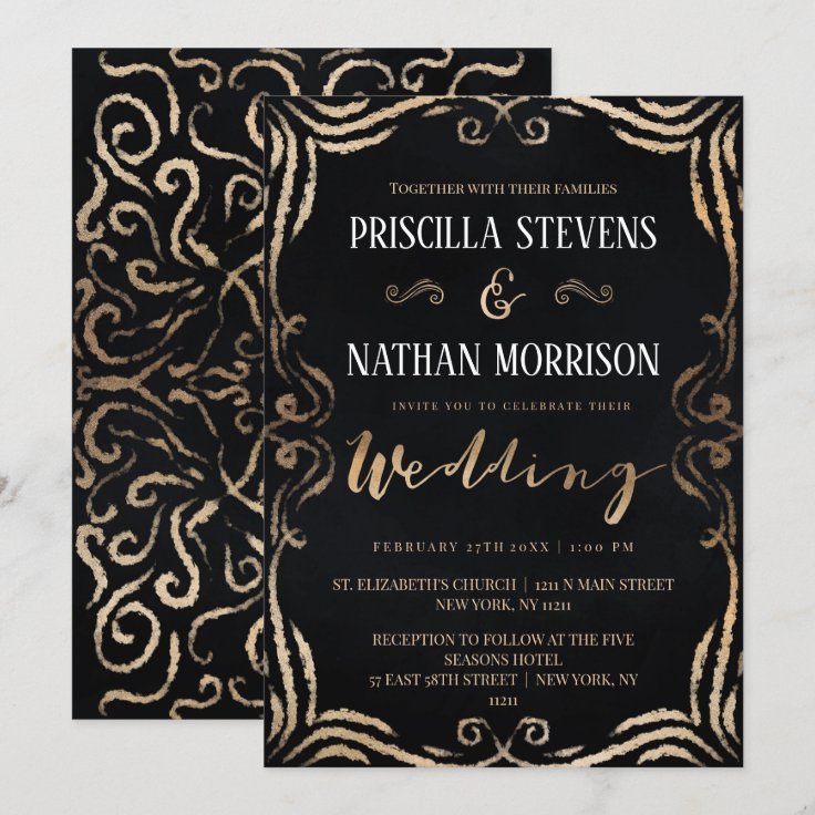 Modern Vintage Gold Decorative Scroll Wedding Invitation | Zazzle