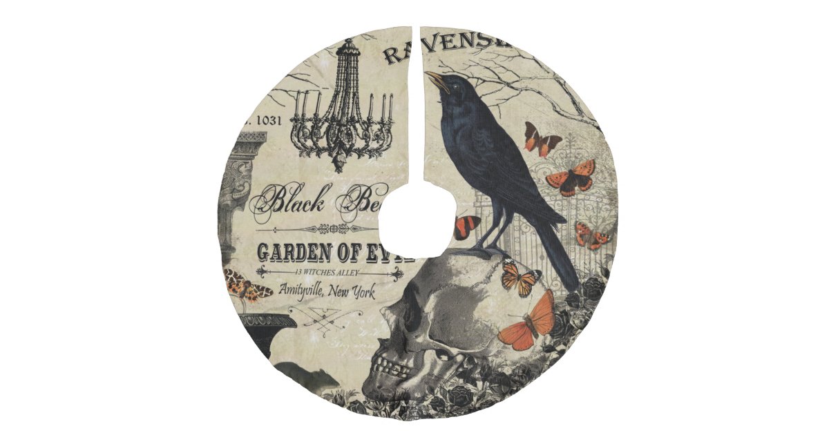 Modern Vintage Halloween Crow And Skull Faux Linen Tree Skirt Zazzle