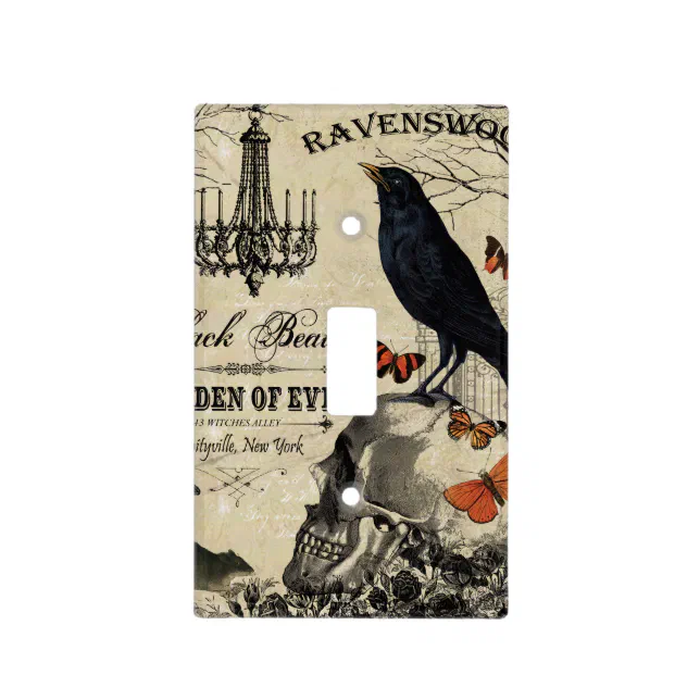 modern vintage halloween crow and skull light switch cover | Zazzle