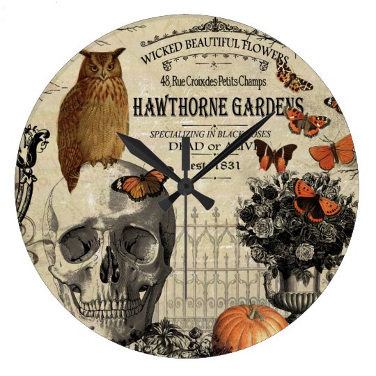 Modern vintage Halloween owl and skull Large Clock | Zazzle.com