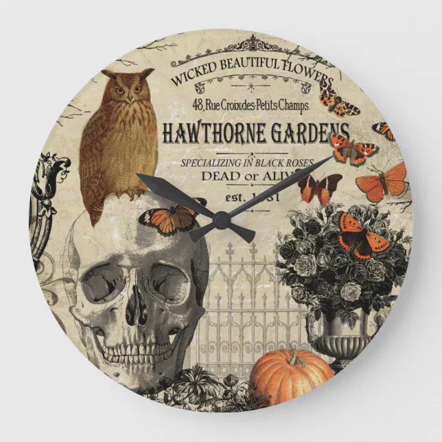 Modern vintage Halloween owl and skull Large Clock | Zazzle