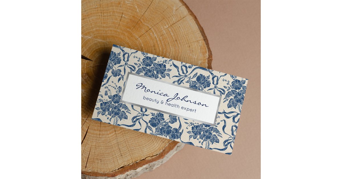 Modern Vintage Ivory Navy Blue Floral Pattern Busi Business Card | Zazzle