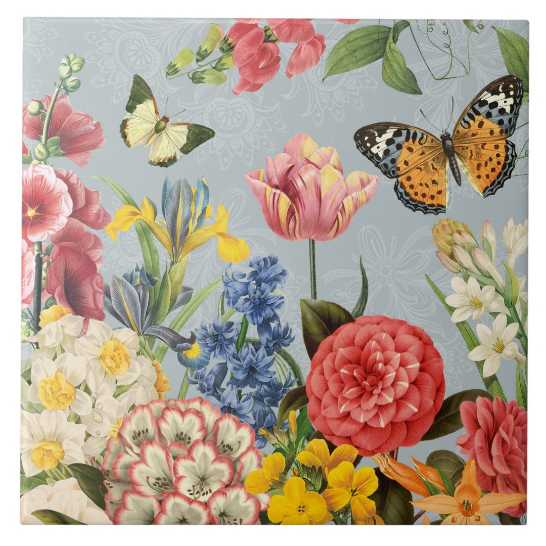modern vintage multl botanical flowers ceramic tile | Zazzle