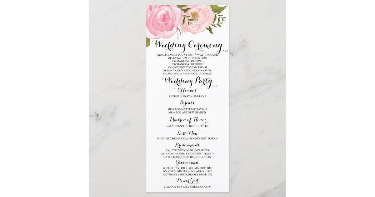 Modern Vintage Pink Floral Wedding Program Card | Zazzle