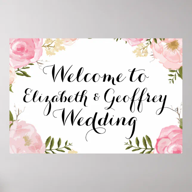 Modern Vintage Pink Floral Wedding Welcome Banner Poster | Zazzle