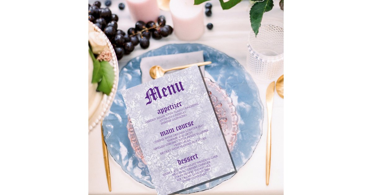 Modern Vintage Purple Wedding Table Menu Cards | Zazzle
