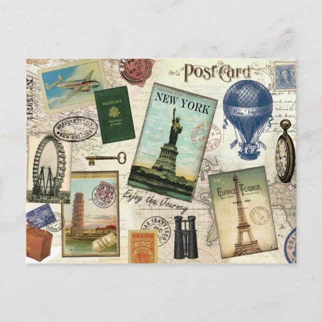 modern vintage travel collage postcard | Zazzle