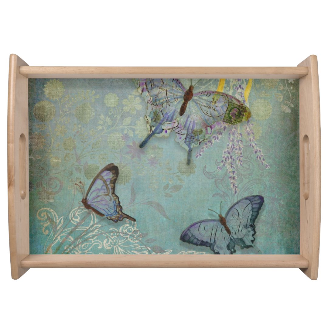Modern Vintage Wallpaper Floral Design Butterflies Serving Tray | Zazzle