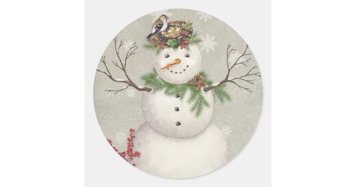 modern vintage winter garden snowman classic round sticker | Zazzle