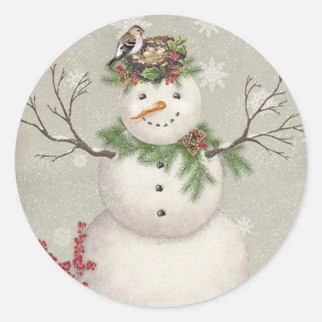 modern vintage winter garden snowman classic round sticker | Zazzle