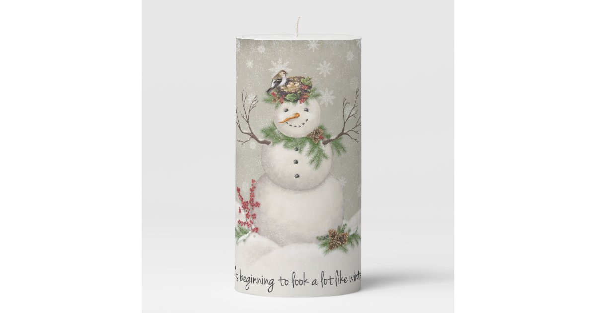 modern vintage winter garden snowman pillar candle | Zazzle