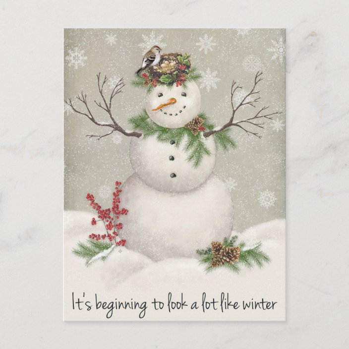 modern vintage winter garden snowman postcard | Zazzle.com