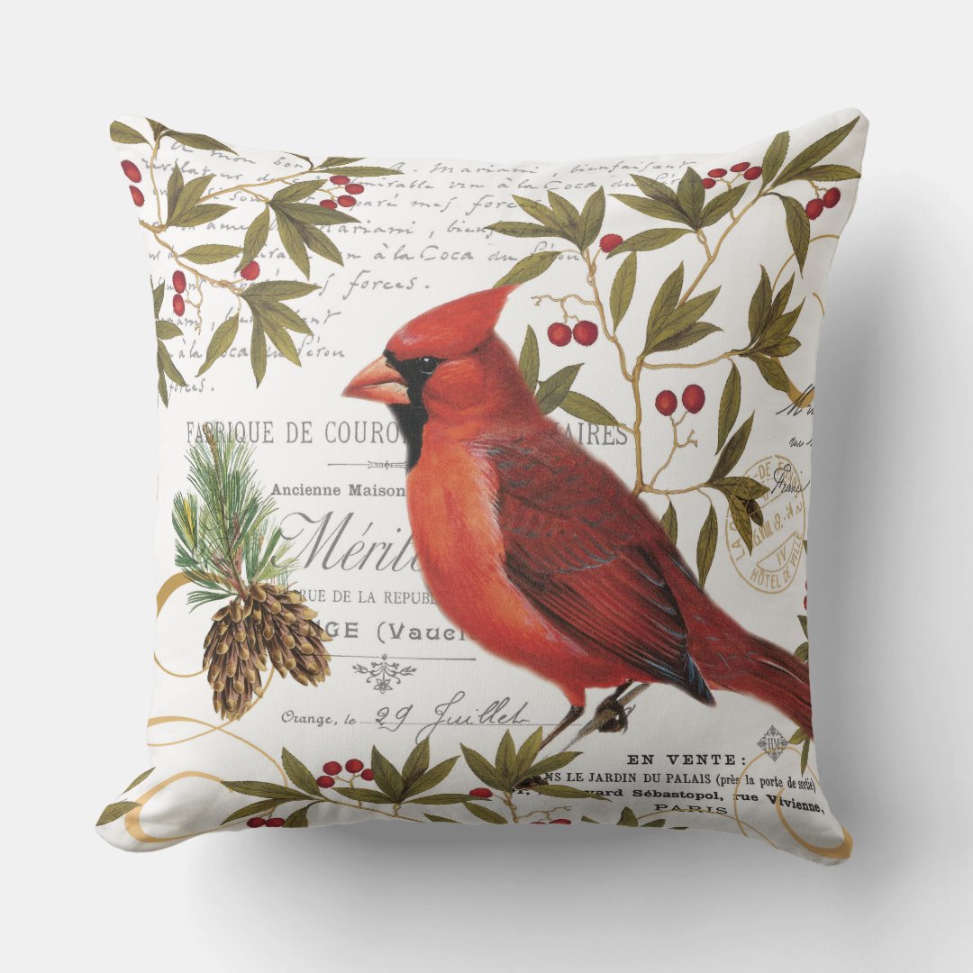 Modern vintage woodland cardinal throw pillow | Zazzle