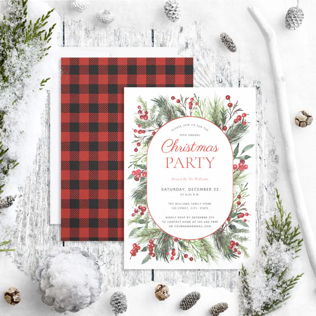 Modern Warm Red Winter Plaid Christmas Party Invitation | Zazzle