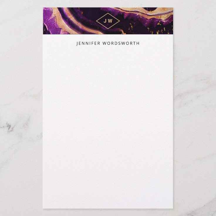 Modern Watercolor Abstract Dark Purple Gold Agate Stationery | Zazzle