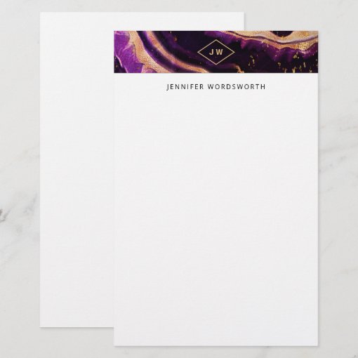 Modern Watercolor Abstract Dark Purple Gold Agate Stationery | Zazzle