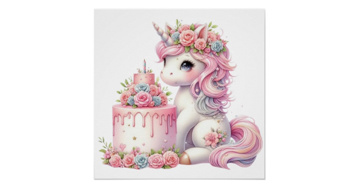 Modern watercolor baby unicorn with cake4 poster | Zazzle