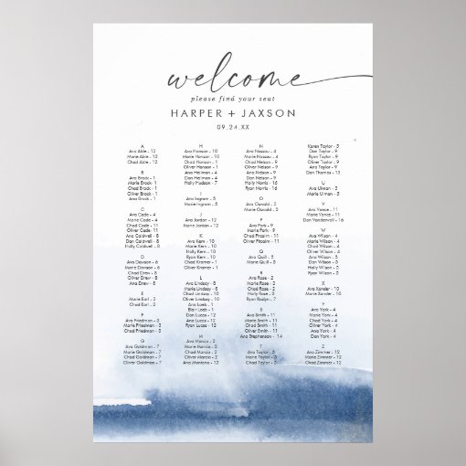Modern Watercolor Blue Alphabetical Seating Chart | Zazzle