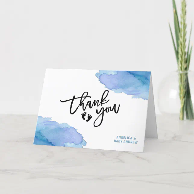 Modern Watercolor Blue BOY Oh BOY Baby Shower Thank You Card | Zazzle