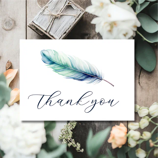 Modern Watercolor Blue Feather Wedding Thank You Card | Zazzle