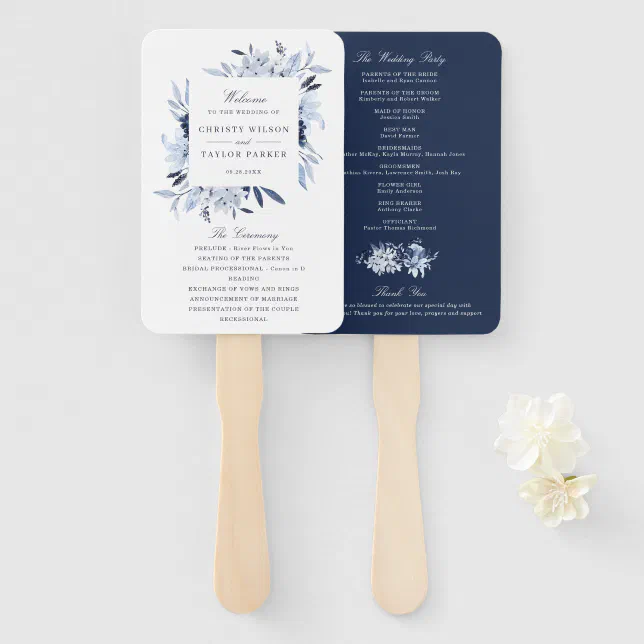 Modern Watercolor Blue Floral Wedding Ceremony Hand Fan | Zazzle