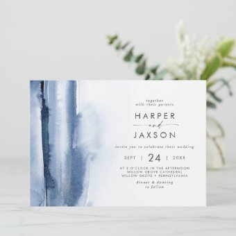 Modern Watercolor | Blue Horizontal Wedding Invitation | Zazzle