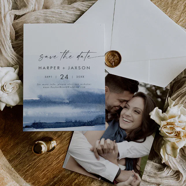 Modern Watercolor | Blue Photo Back Save The Date | Zazzle