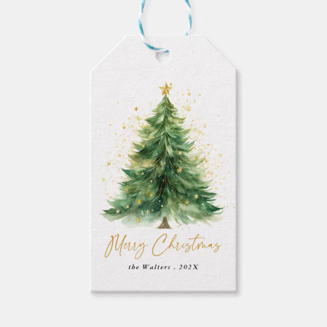 Modern Watercolor Christmas Pine Tree Gift Tags | Zazzle