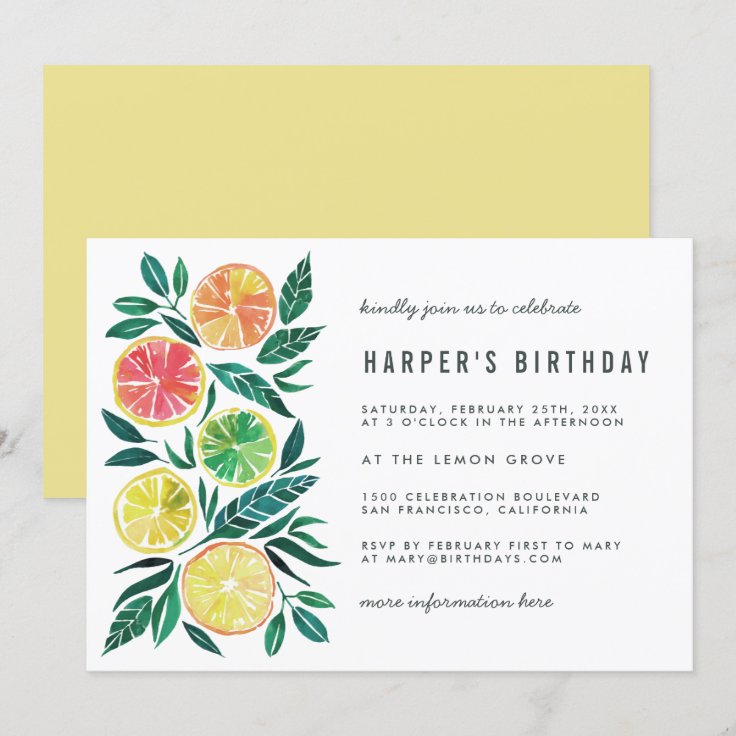 Modern Watercolor Citrus Birthday Party Invitation | Zazzle