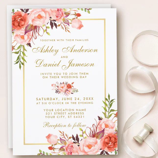 Modern Watercolor Coral Floral Gold Wedding W Invitation | Zazzle