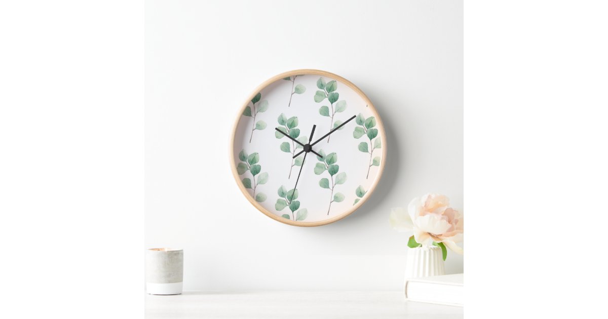 Modern Watercolor Eucalyptus Green Pattern Clock | Zazzle