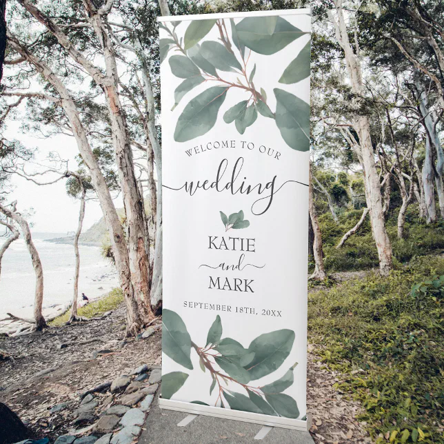 Modern Watercolor Eucalyptus Greenery Wedding Retractable Banner | Zazzle