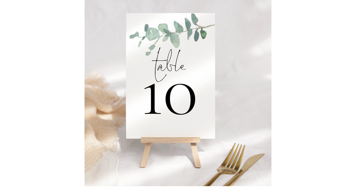 Modern Watercolor Eucalyptus Script Wedding Table Number | Zazzle