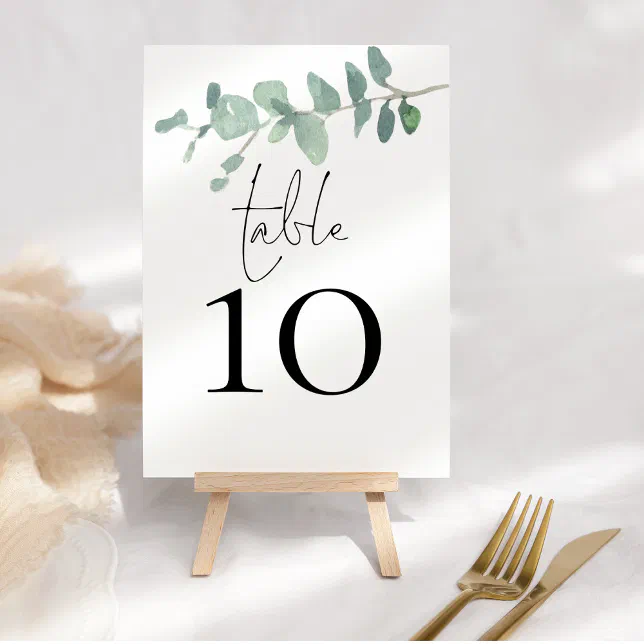 Modern Watercolor Eucalyptus Script Wedding Table Number | Zazzle