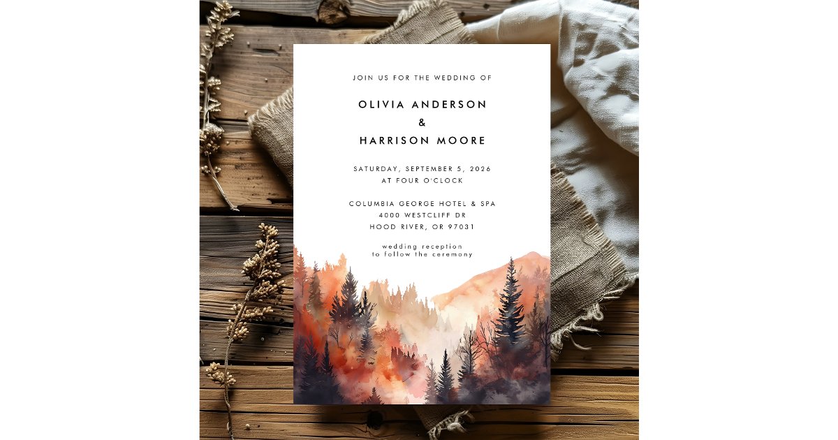 Modern Watercolor Fall Mountain QR Code Wedding Invitation | Zazzle