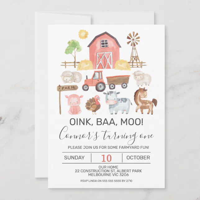 Modern Watercolor Farm Birthday Invitation | Zazzle