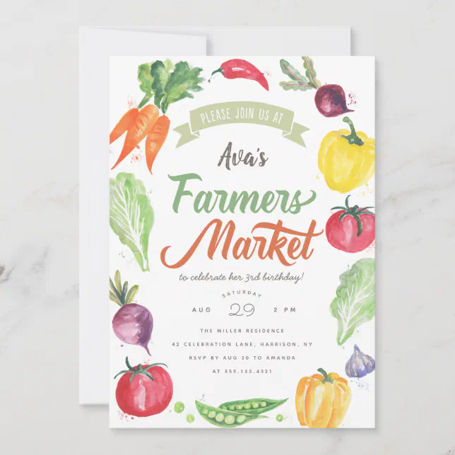 Modern Watercolor Farmers Market Birthday Party Invitation | Zazzle
